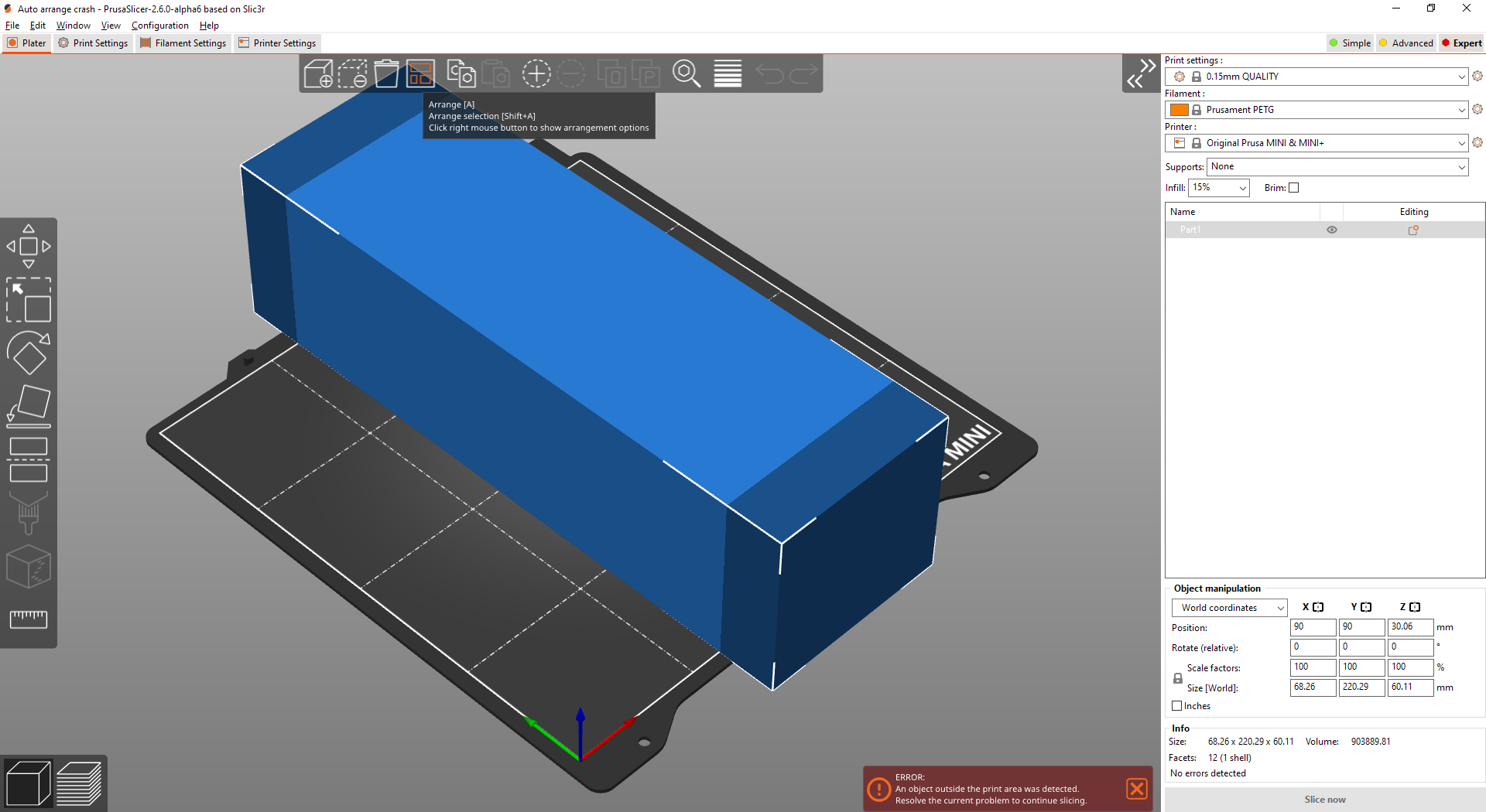 App Crash When Pressing Auto Arrange · Issue 10278 · Prusa3dprusaslicer · Github 