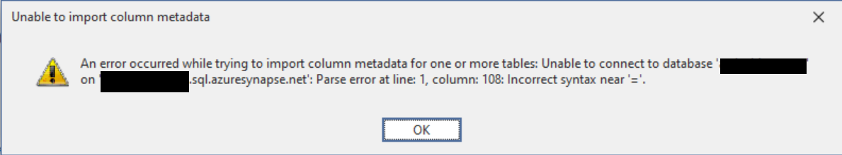 Import/Update Schema failing when connecting to Azure Synapse SQL Database[Issue] · Issue #992 ...