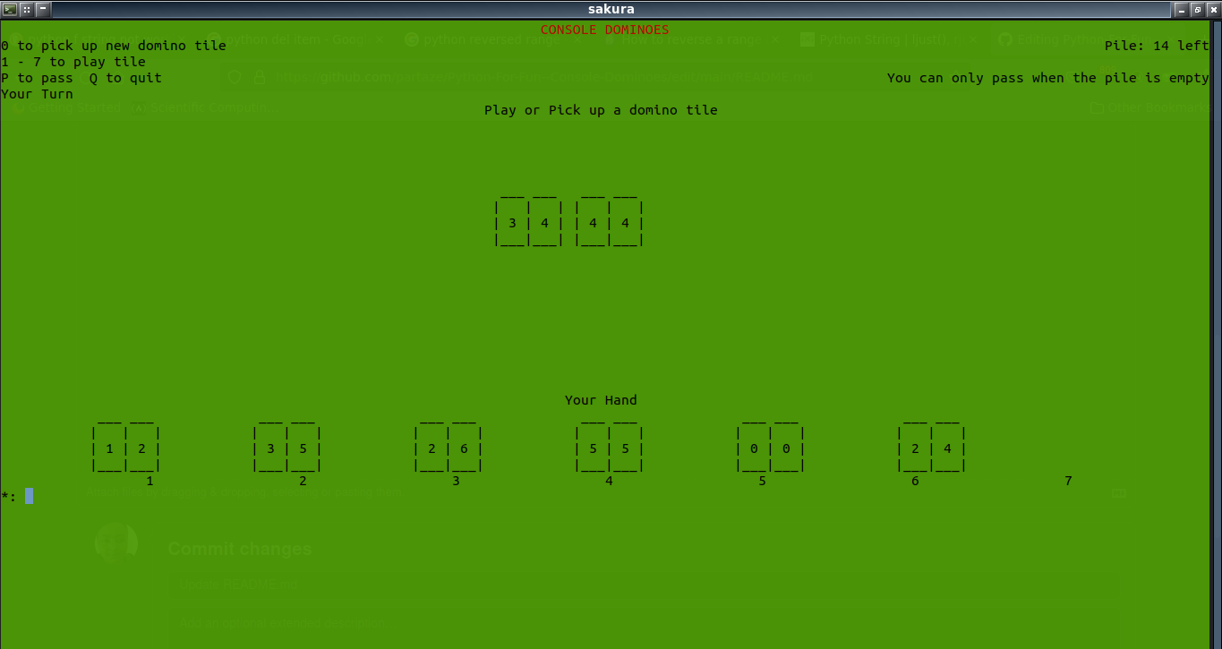 GitHub - partaze/Python-For-Fun--Console-Dominoes: DOMINOES FOR THE CONSOLE/TERMINAL