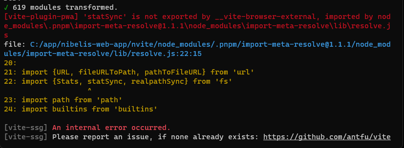 [vite-plugin-pwa] 'statSync' is not exported by __vite-browser-external ...