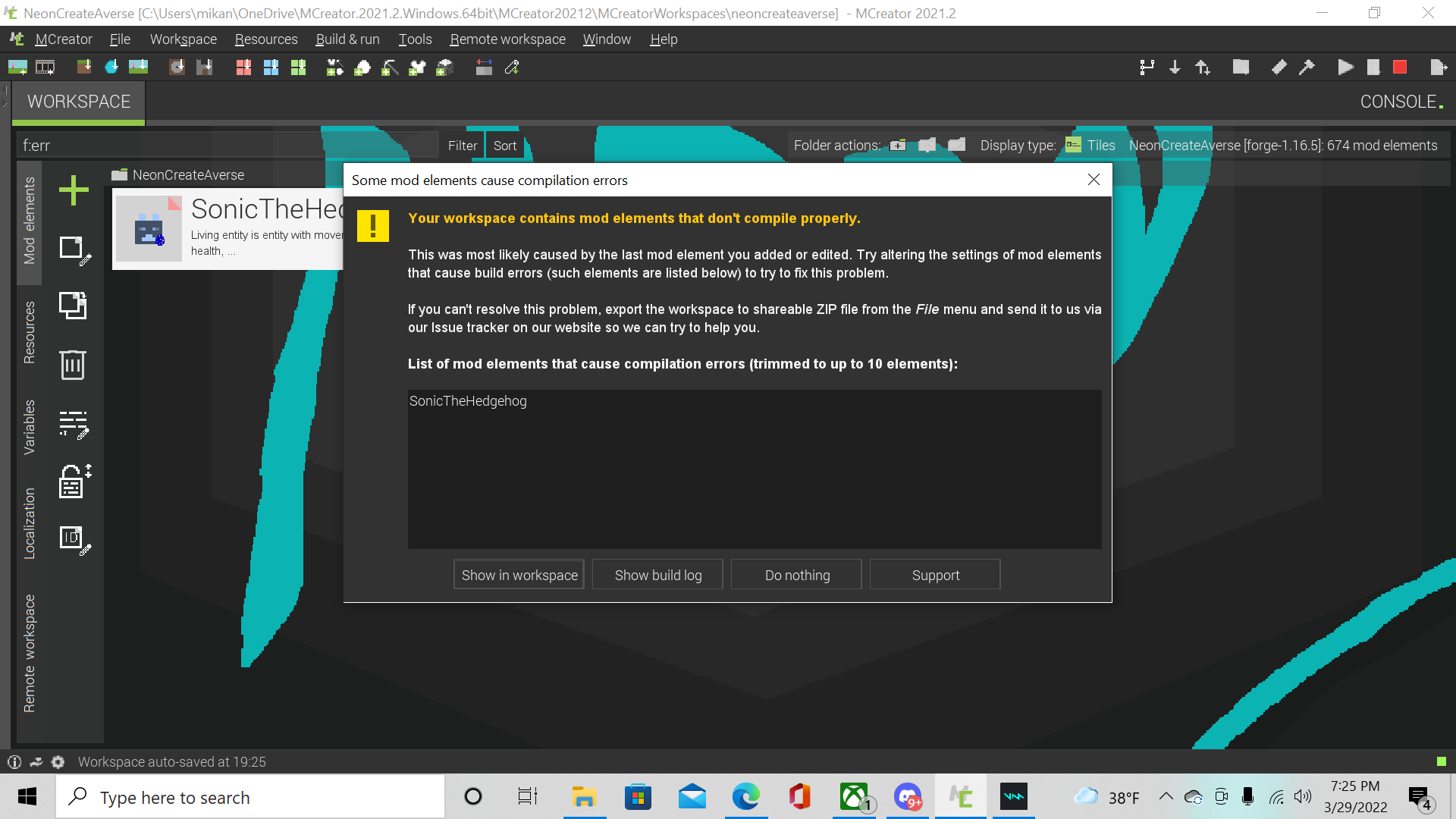 there's been an error when run the client after putting a custom entity in the workspace ...