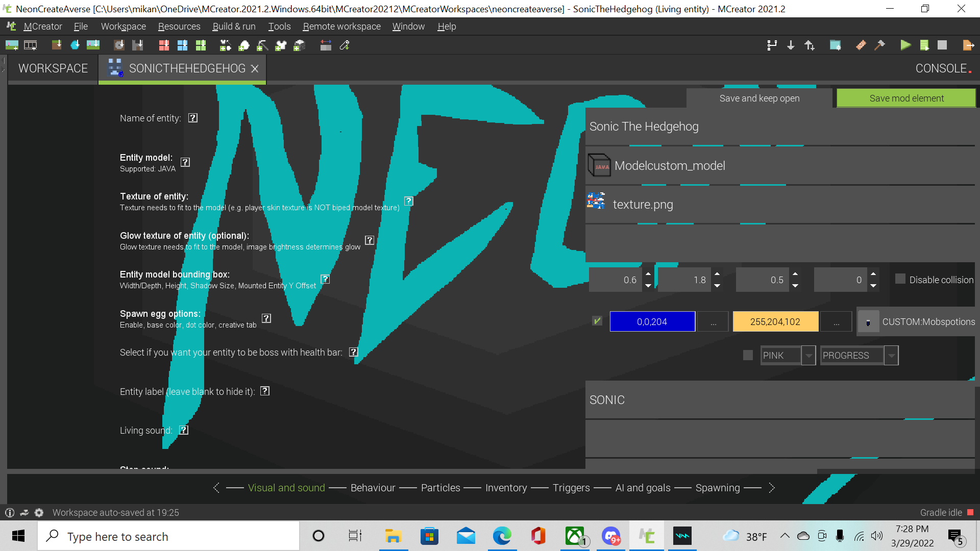 there's been an error when run the client after putting a custom entity in the workspace ...