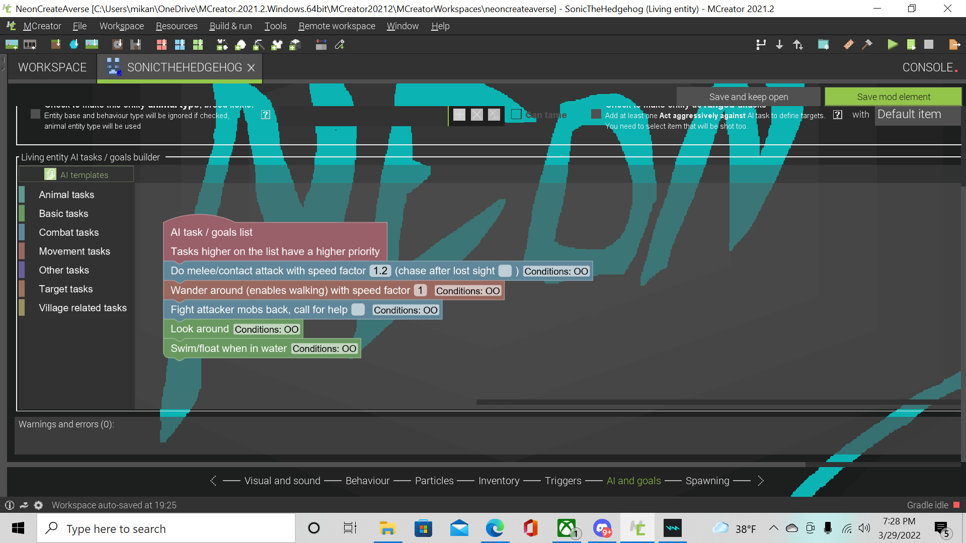 there's been an error when run the client after putting a custom entity in the workspace ...