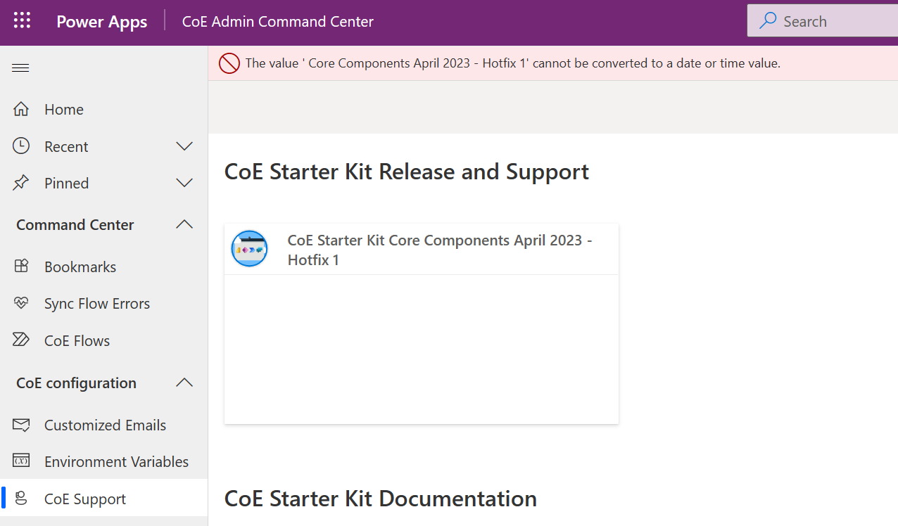 [CoE Starter Kit - BUG] Admin Command Center screen gives an error due to Hotfix release name ...