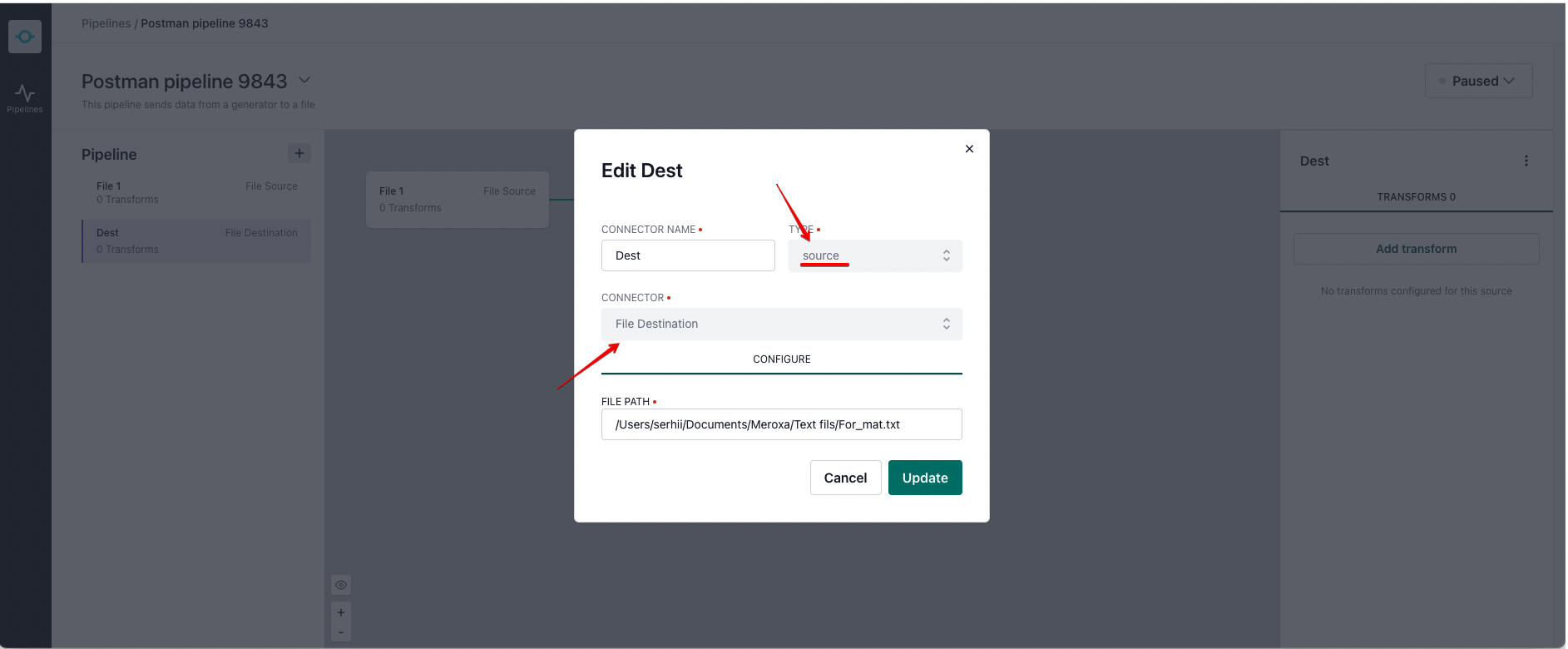 [The Pipeline detail screen] Displays wrong type of connector in the "Edit" pop-up when edit the ...
