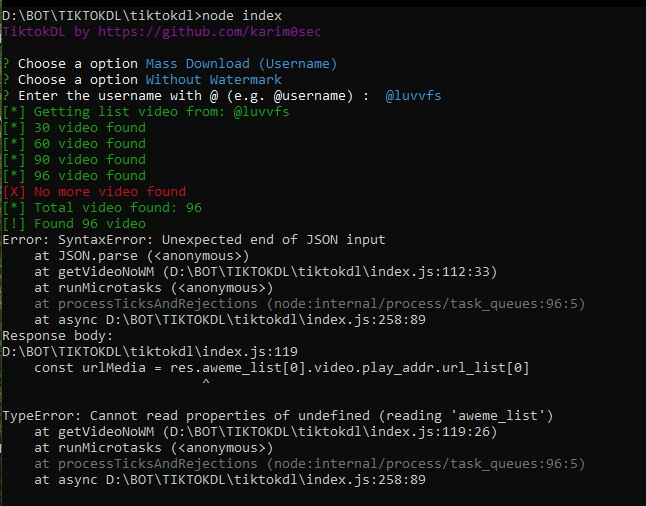 Error when mass downloading with username · Issue #2 · karim0sec/tiktokdl · GitHub