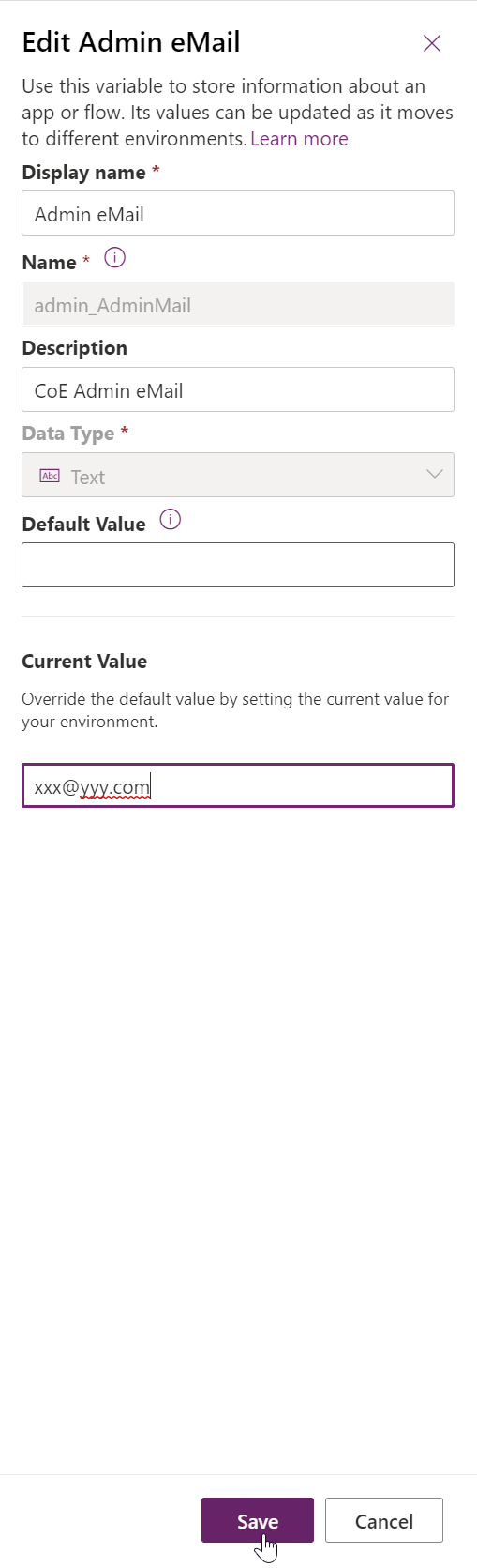 [Bug]: Cannot use Current Value to set environment variables in CoE, must use Default Values ...