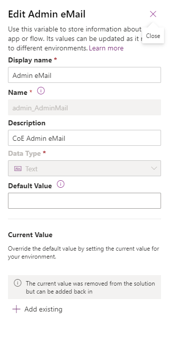 [Bug]: Cannot use Current Value to set environment variables in CoE, must use Default Values ...