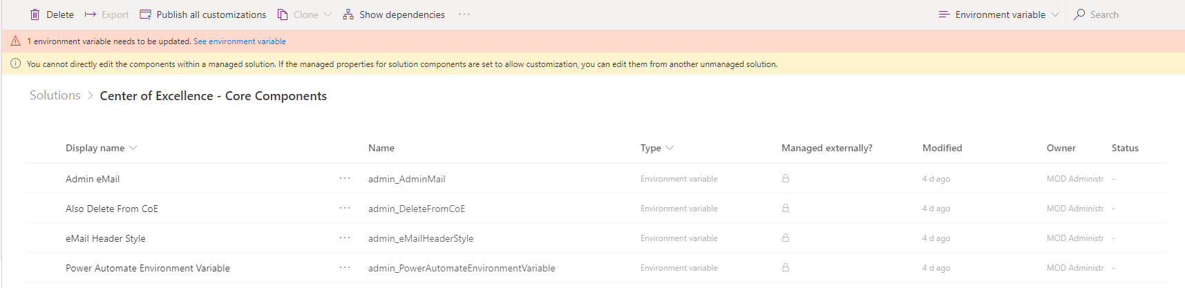 [Bug]: Cannot use Current Value to set environment variables in CoE, must use Default Values ...