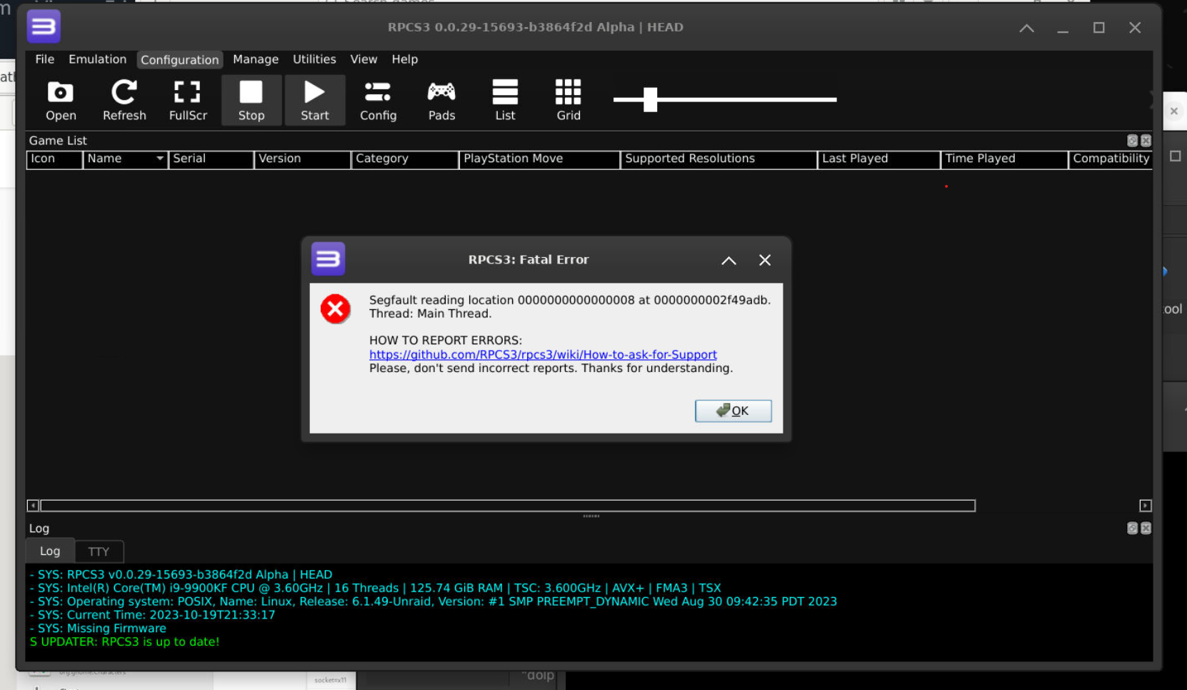 Regression Debian Fatal Error Either On Executing Rpcs3 Or When Opening Config Menus In