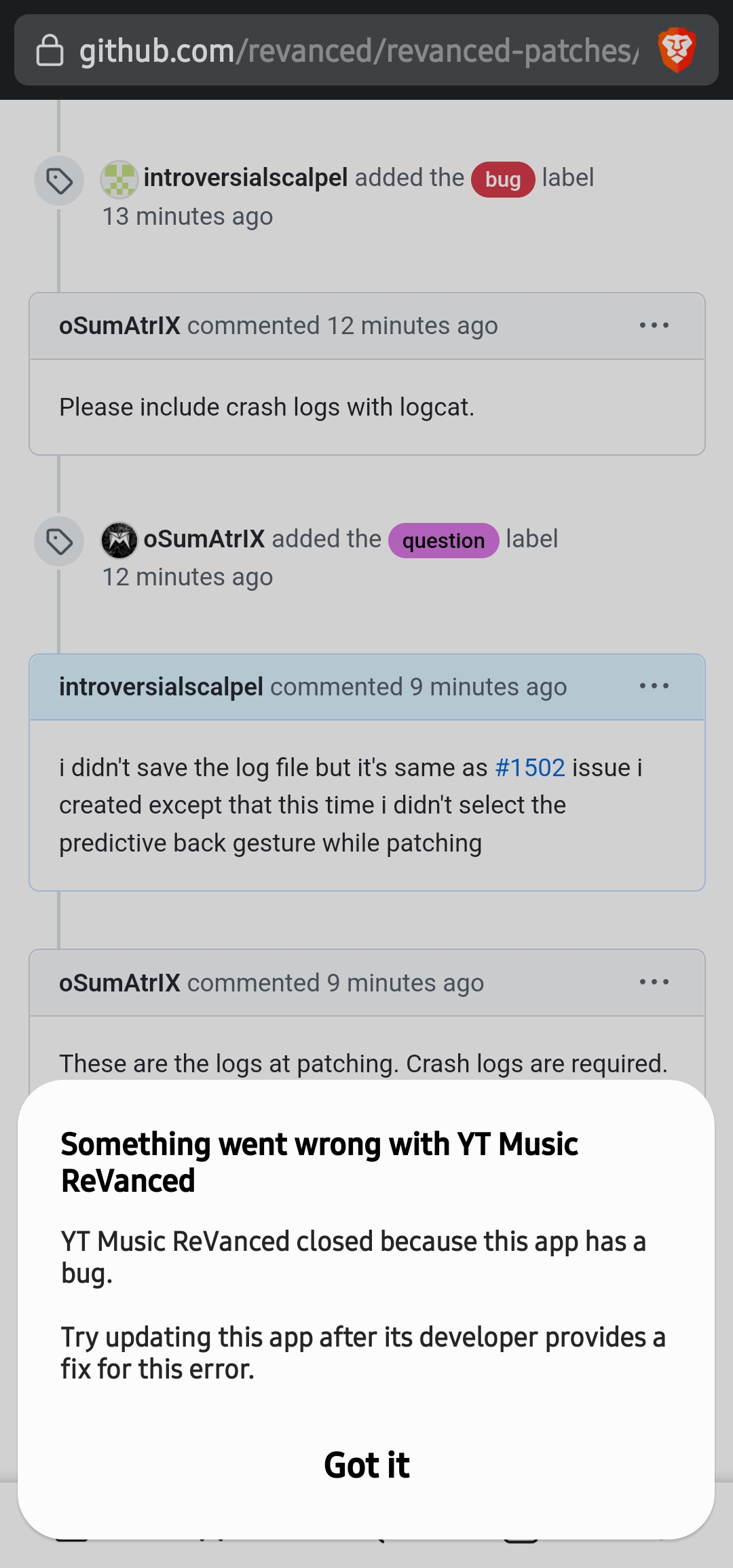App Crash: YouTube Music crashes when adding device files to playlist · Issue #1438 · ReVanced ...