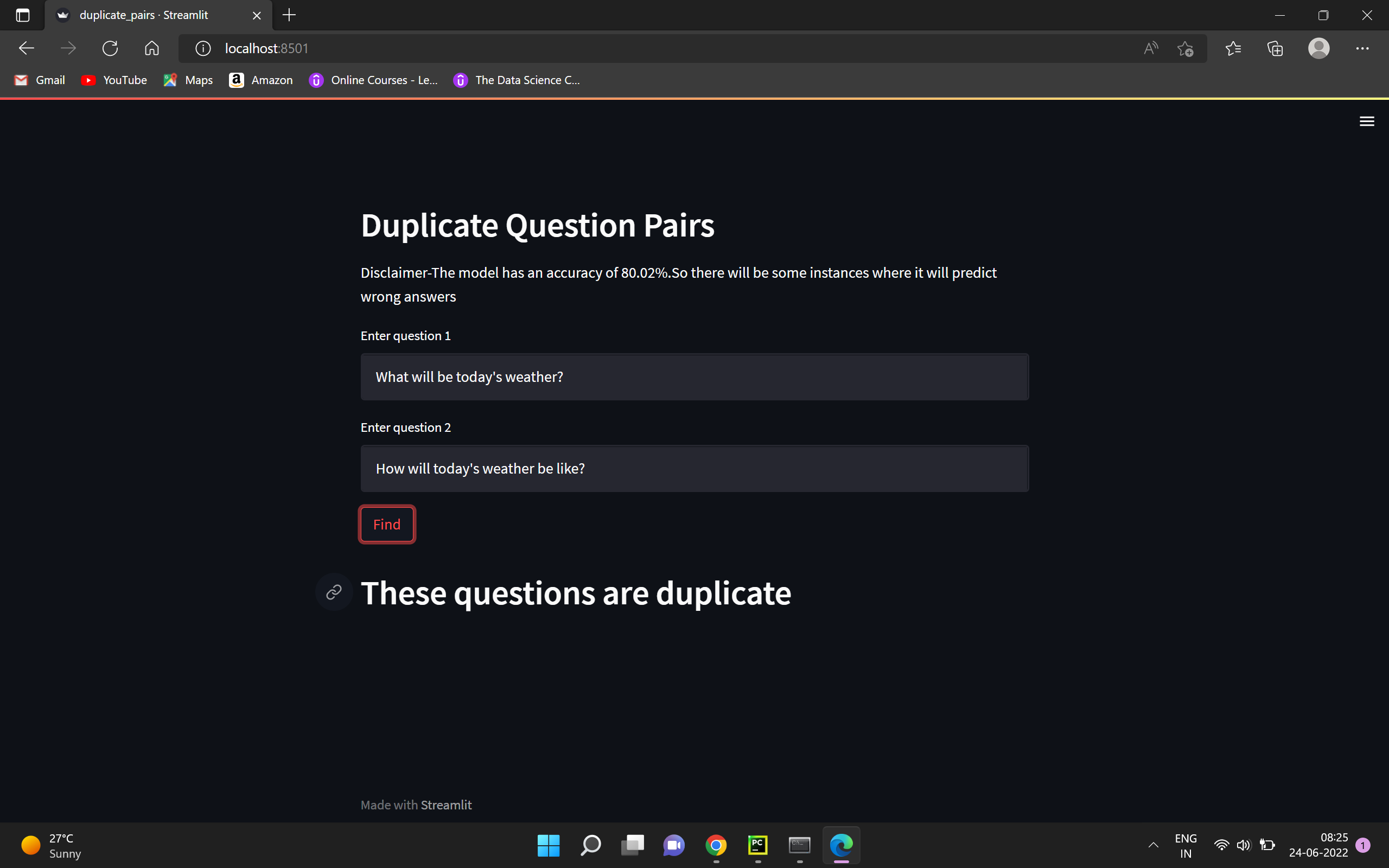 Github Nishantthakurrduplicate Question Pairs The Streamlit App Takes Two Questions As An