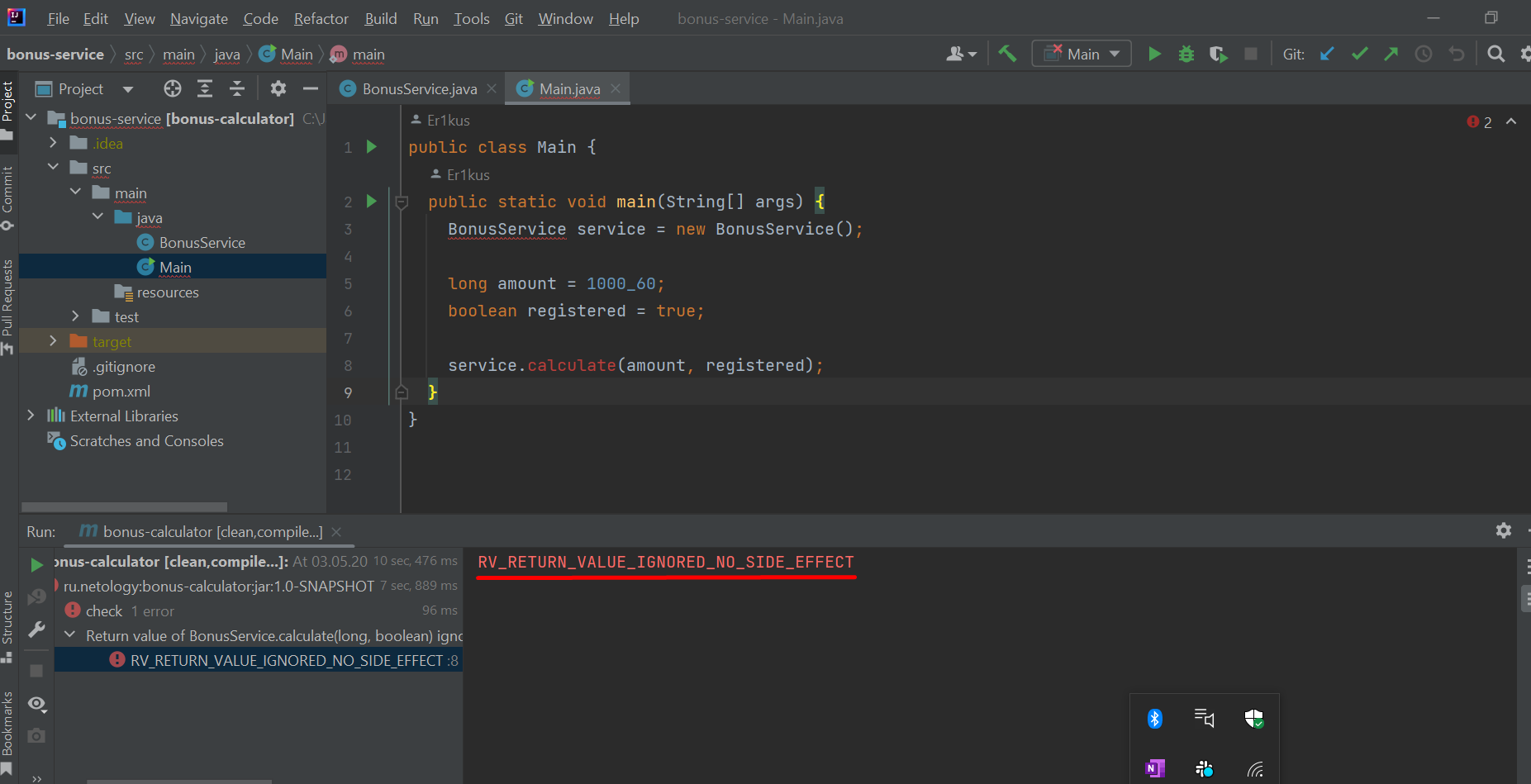 При запуске команды Mvn Clean Compile Spotbugscheck получаем ошибку Rvreturnvalueignoredno