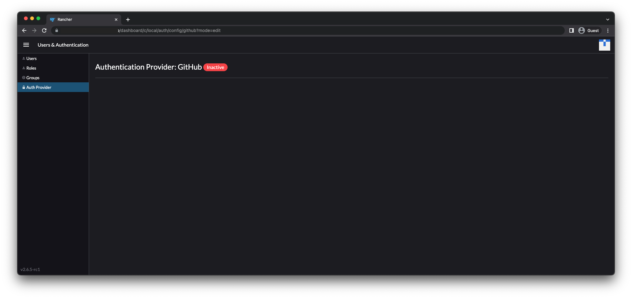 Rancher Dashboard UI - Auth Provider Page - When selecting "Github", a blank page displays with ...