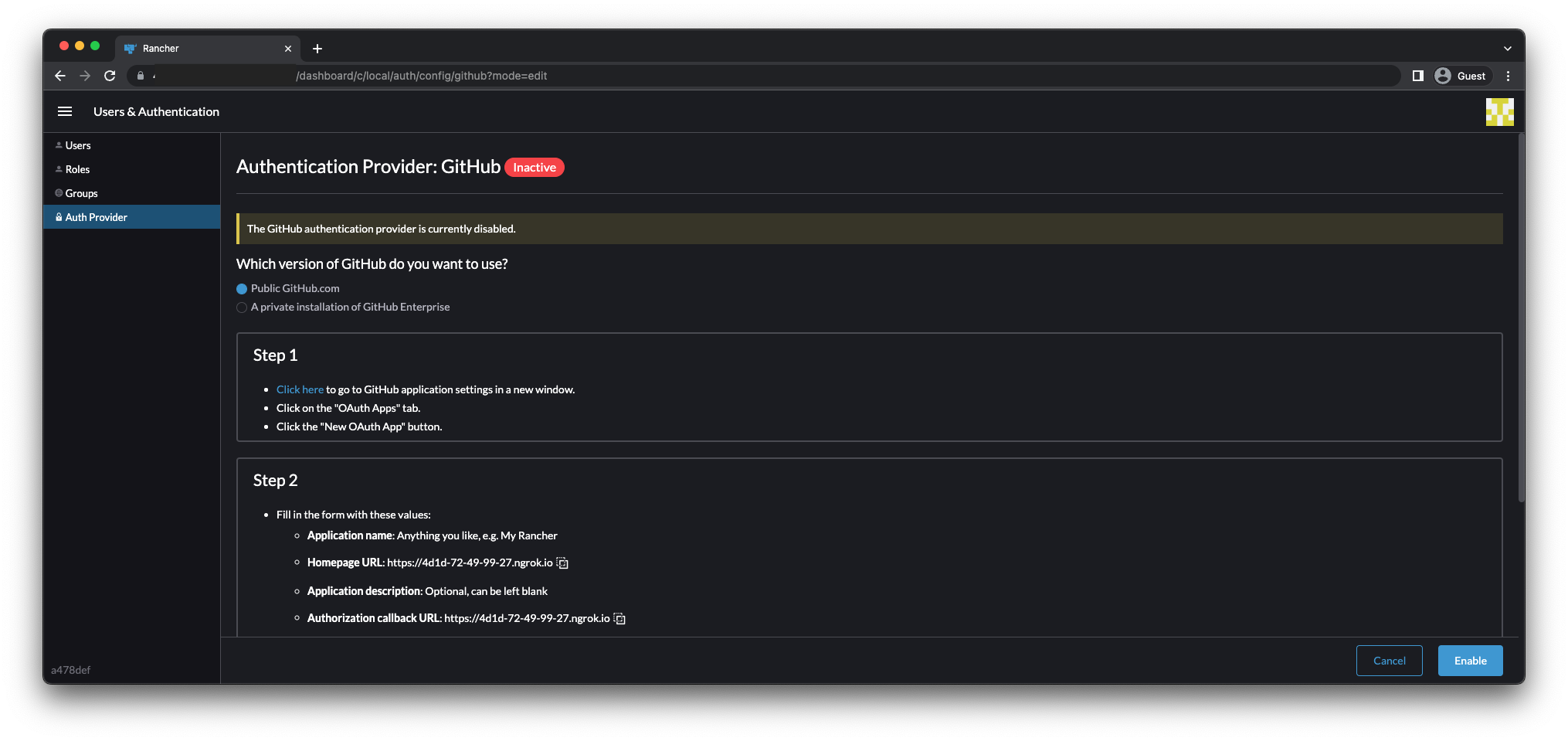 Rancher Dashboard UI - Auth Provider Page - When selecting "Github", a blank page displays with ...