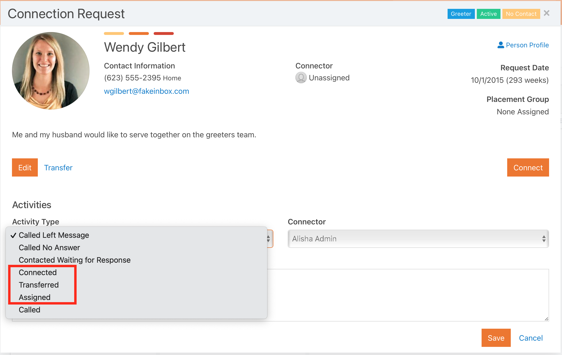 Activity Type Dropdown Lists System Activities When Adding An Activity To A Connection Request