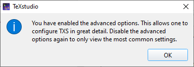 show Advanced Options notifications only one time · Issue #2684 · texstudio-org/texstudio · GitHub