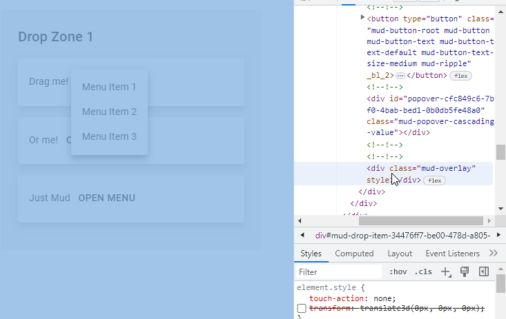 MudMenu does not dismiss if activated from an item in a DropContainer (started in 6.2.0) · Issue ...