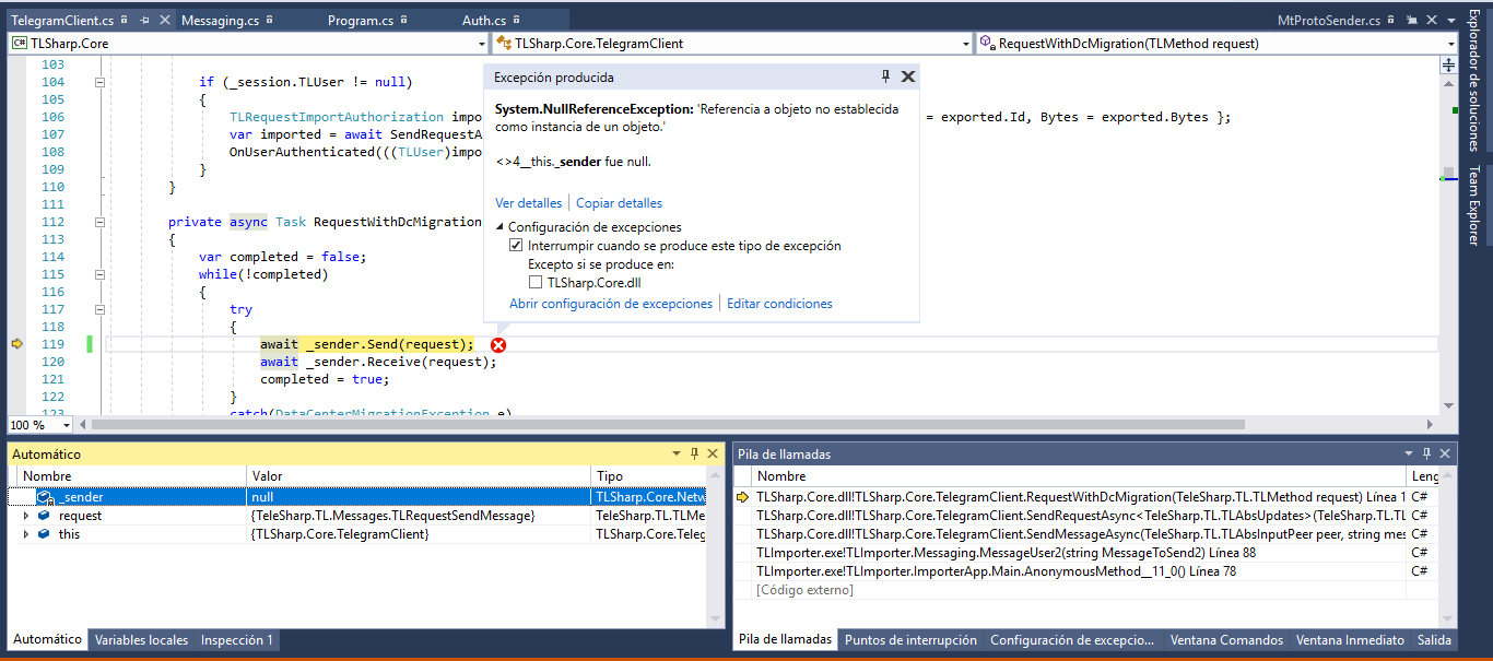 GetContactsAsync throws NullReferenceException after getting an exception when trying to reach ...