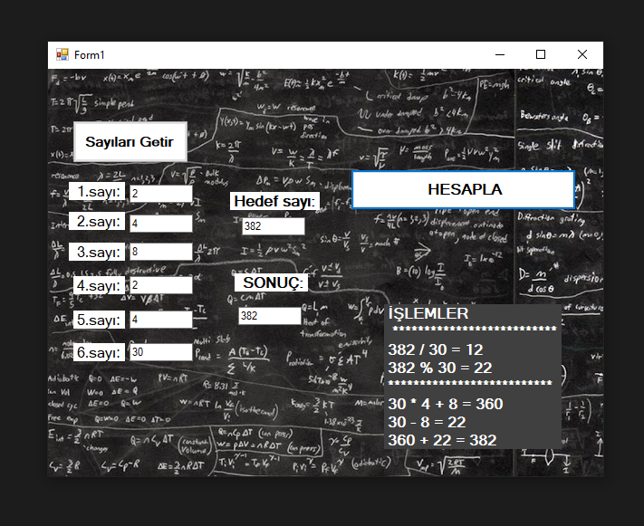 GitHub - akkoyunseda/Bir-Islem: Bir kelime bir işlem oyununun işlem kısmı (C# Windows Application)