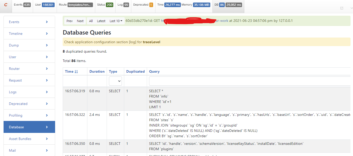 Slow local site; debug toolbar DB page mentions `traceLevel`? · Issue #9069 · craftcms/cms · GitHub