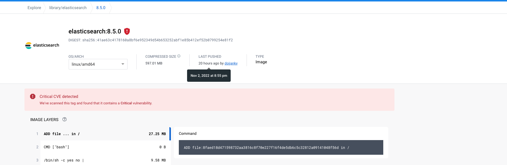 False positive for Log4j in library/elasticsearch:8.5.0 · Issue #2281 · docker/hub-feedback · GitHub