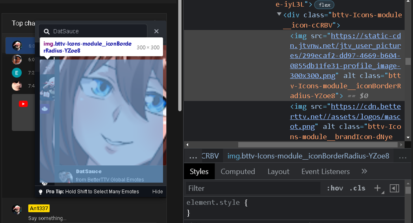 Sidebar for BTTV on Youtube returning 300x300 icon for Profile Image Causing UI Display issues ...