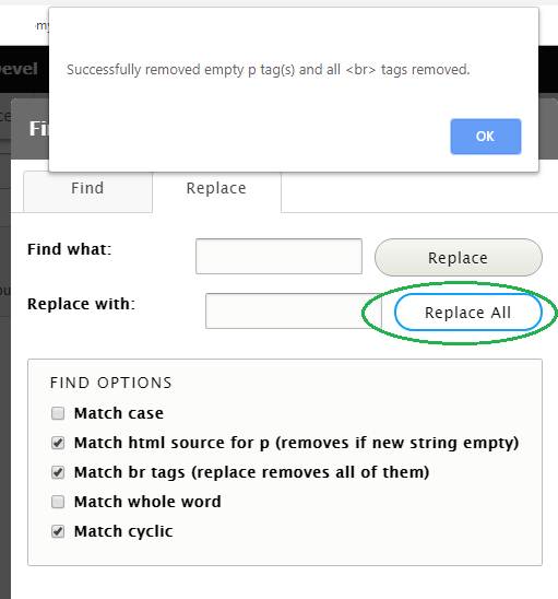 Here is a patch that adds functionality to the ckeditor find plugin for removal of empty p tags ...