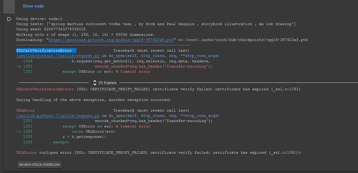 VQGAN+CLIP SSLCertVerificationError at step ( Run the Art Generator ) · Issue #2736 ...