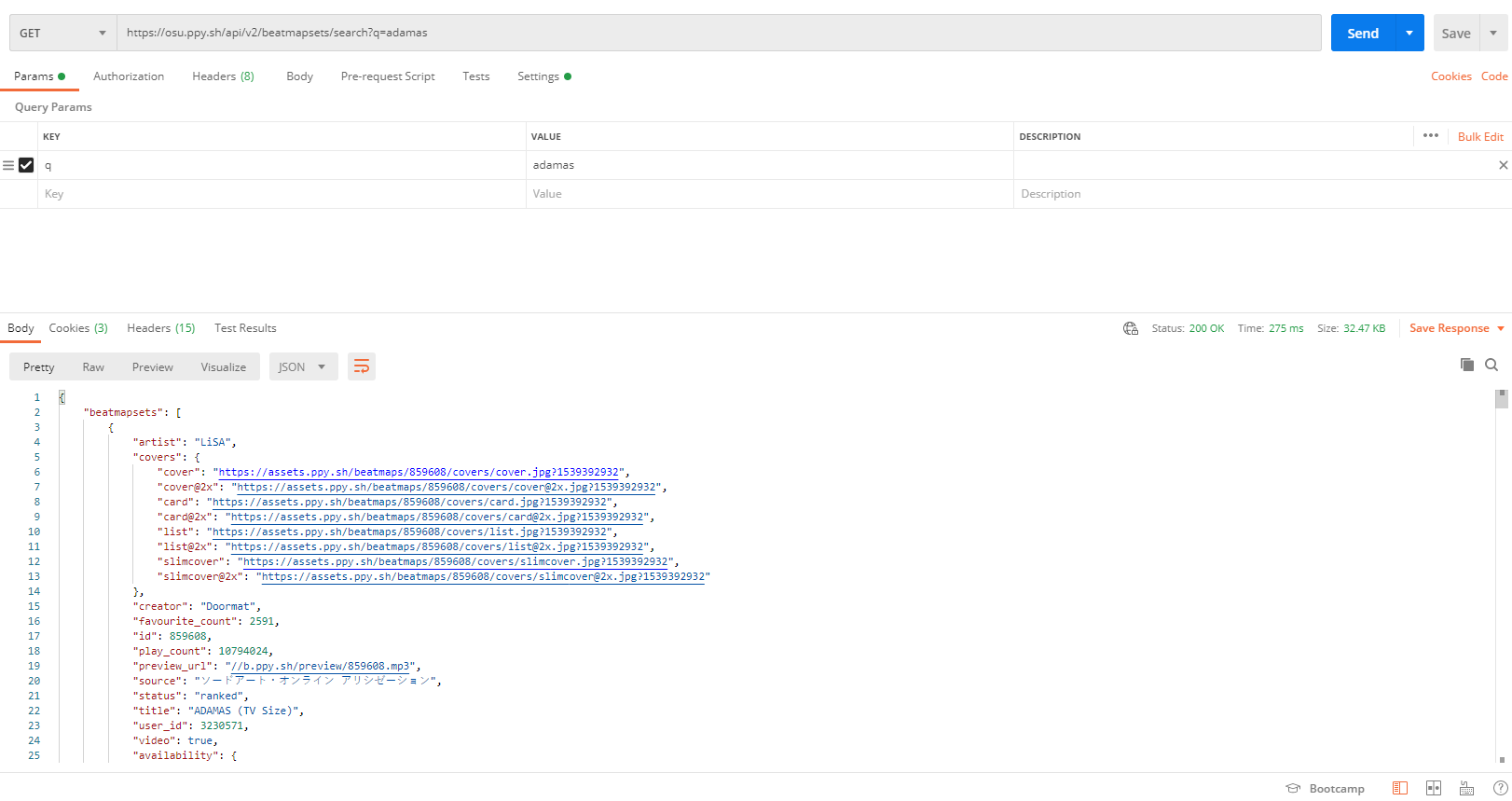 Searching for beatmaps using client_credentials ignores query params ...