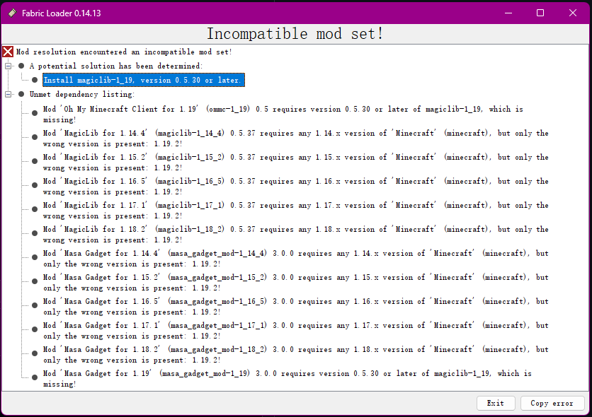 [Bug] 1.19.2安装magiclib仍然无法启动游戏 · Issue #70 · plusls/MasaGadget · GitHub