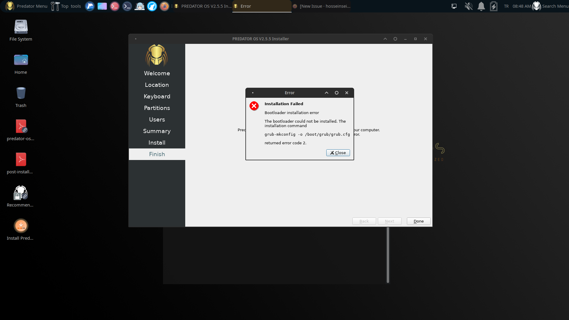 Installation Failed - both for Rolling and LTS · Issue #9 · hosseinseilani/predator-os · GitHub