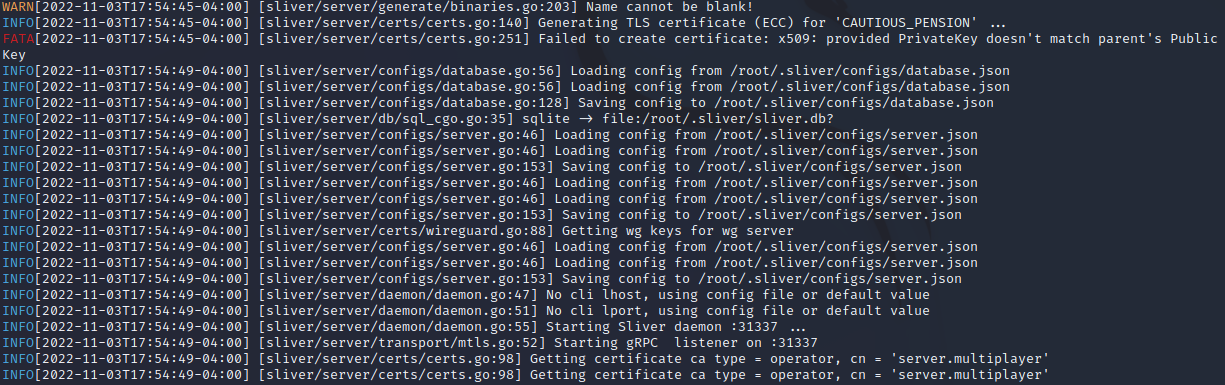 Can't generate any payloads: RPC EOF error · Issue #989 · BishopFox/sliver · GitHub