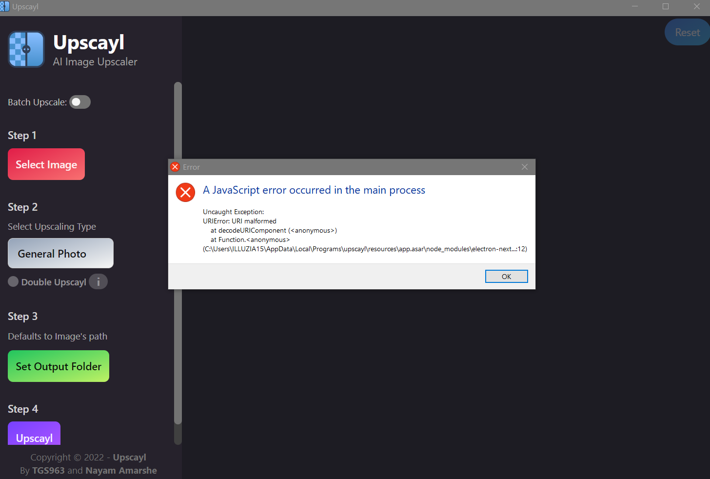 A JavaScript error occurred in the main process · Issue #154 · upscayl/upscayl · GitHub