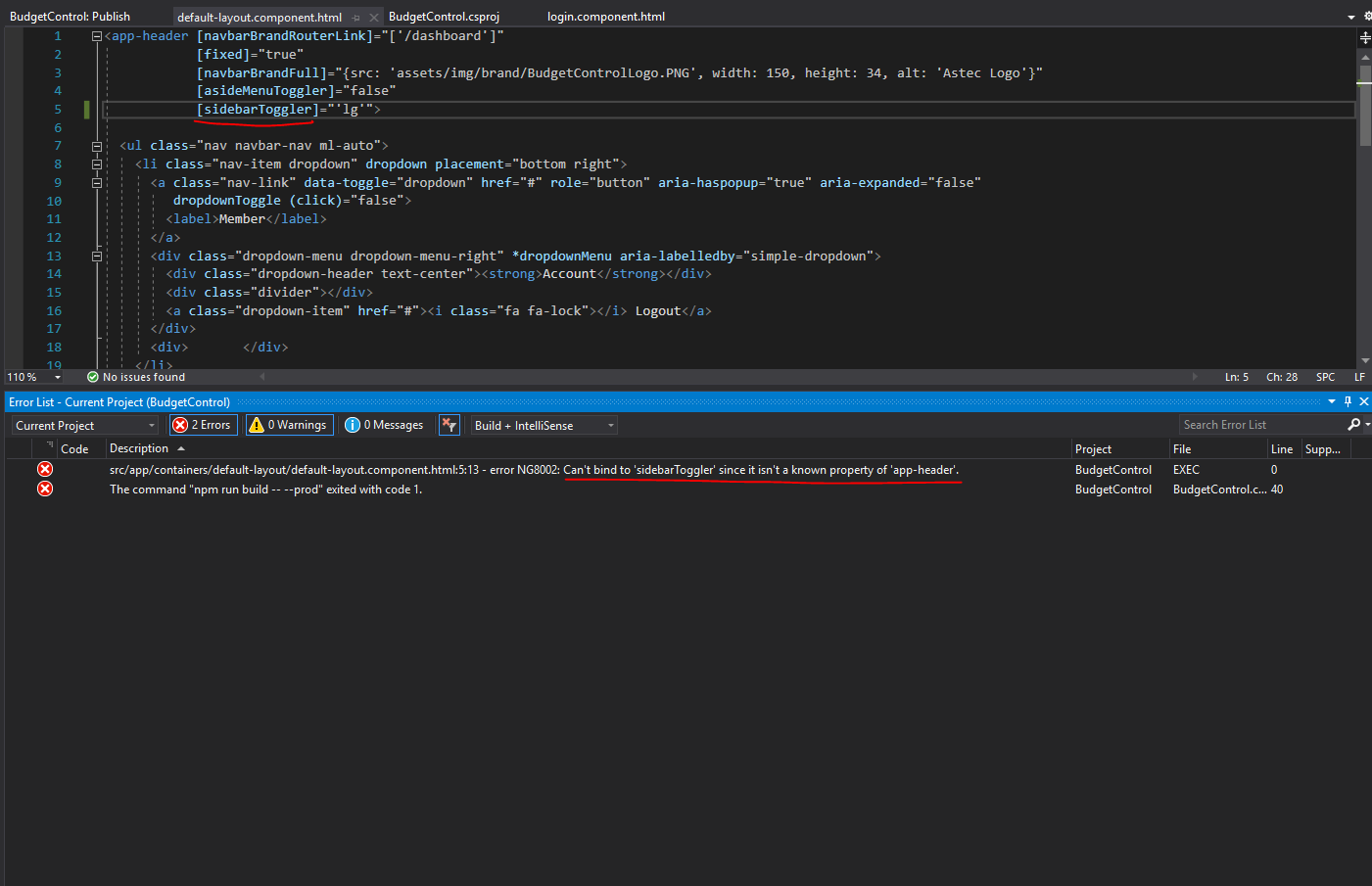 error NG8002: Can't bind to 'sidebarToggler' since it isn't a known property of 'app-header ...