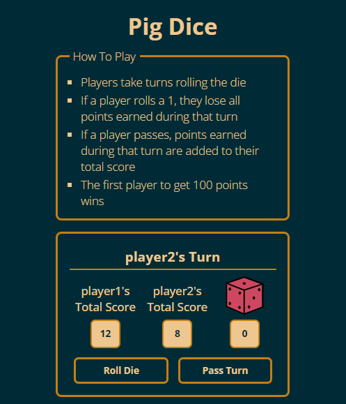 GitHub - theZalmanian/Fall2022-CPW204-PigDice: Website implementing the pig dice game. Two ...
