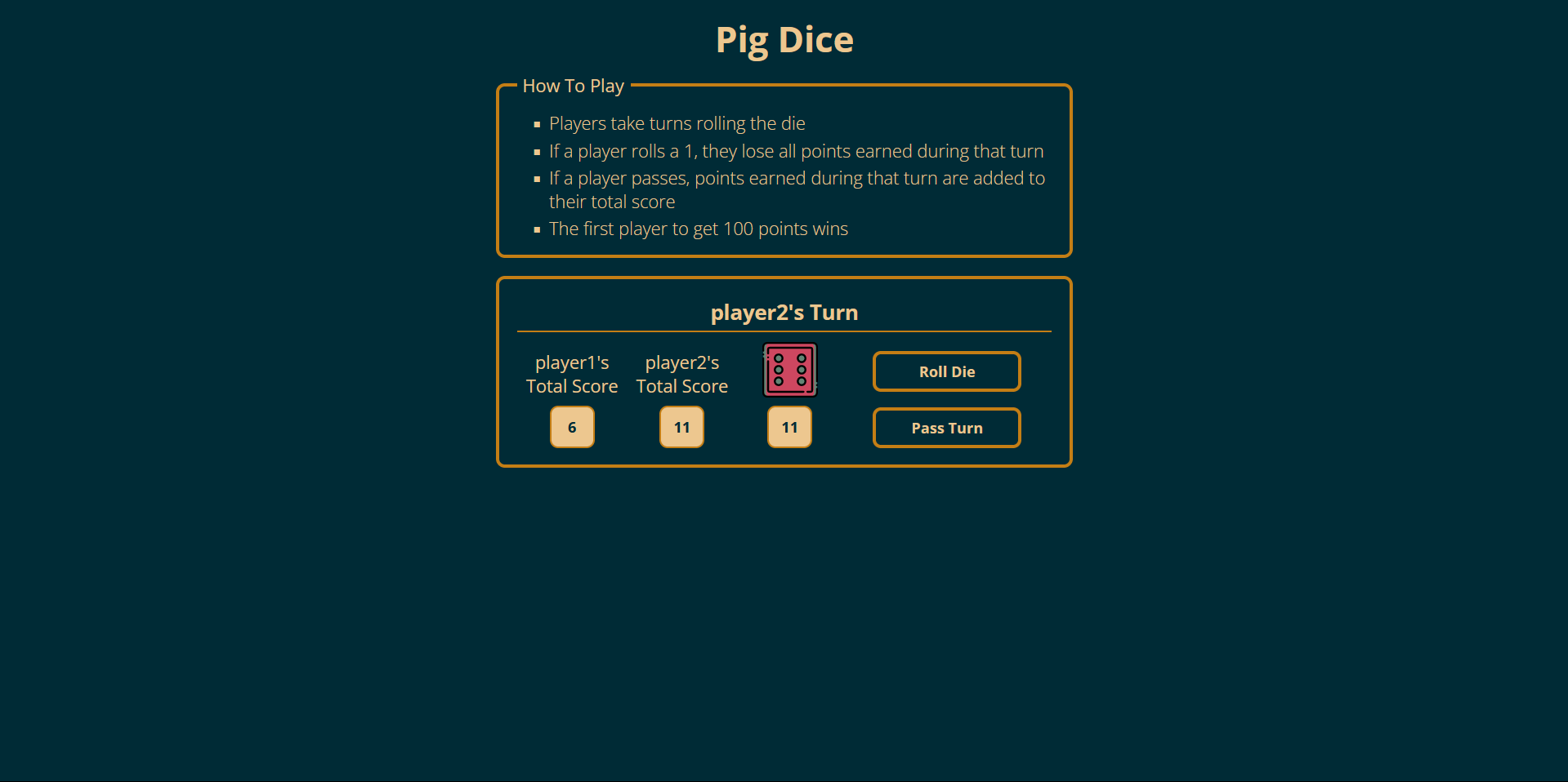GitHub - theZalmanian/Fall2022-CPW204-PigDice: Website implementing the pig dice game. Two ...