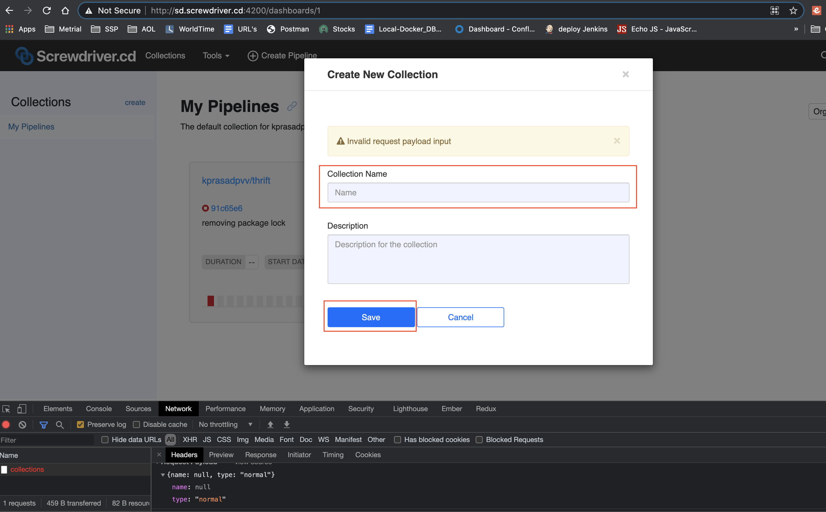 UI: Save button is enabled though mandatory field is not filled in create collection modal ...