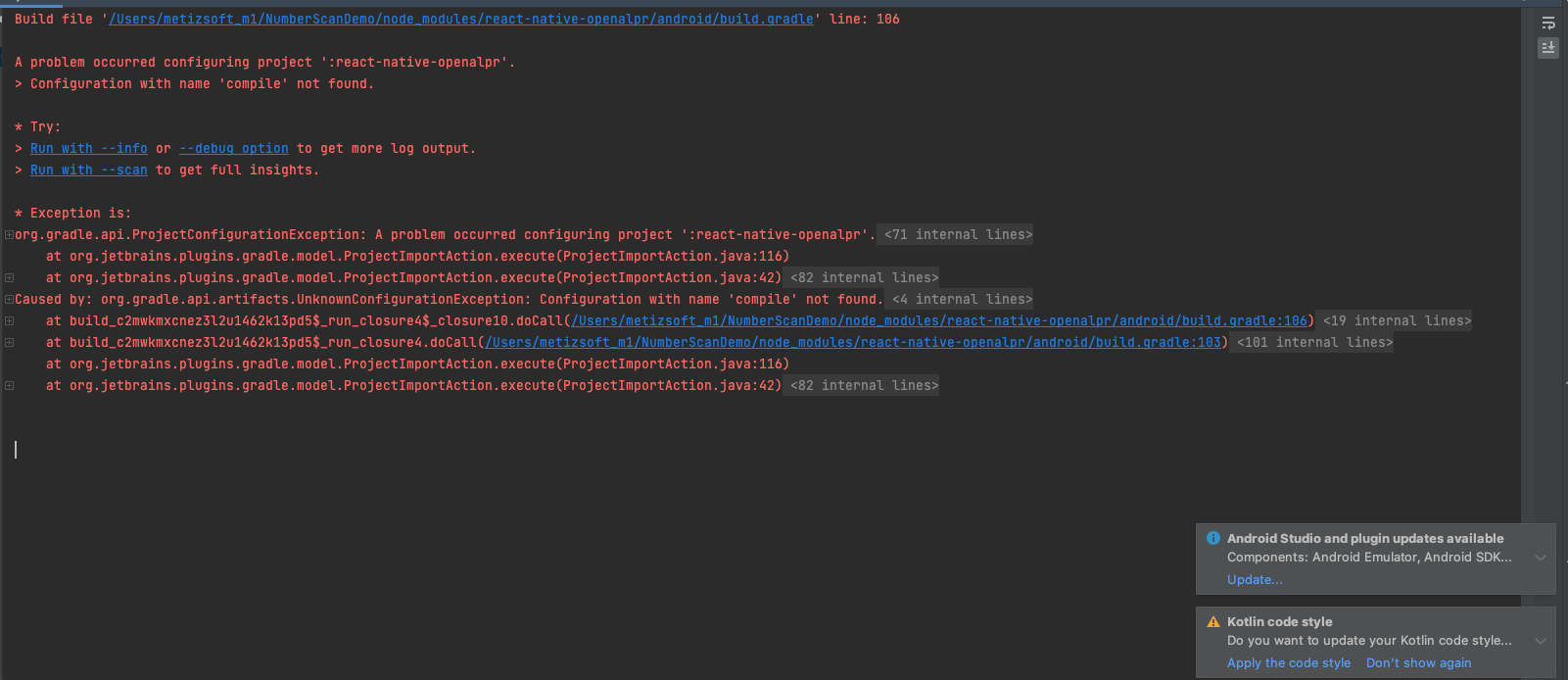 Configuration With Name Compile Not Found · Issue 132 · Robertsasak React Native Openalpr