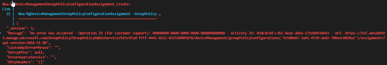 Errors with assigning a group to a intune configuration profile with the Graph API and Graph ...