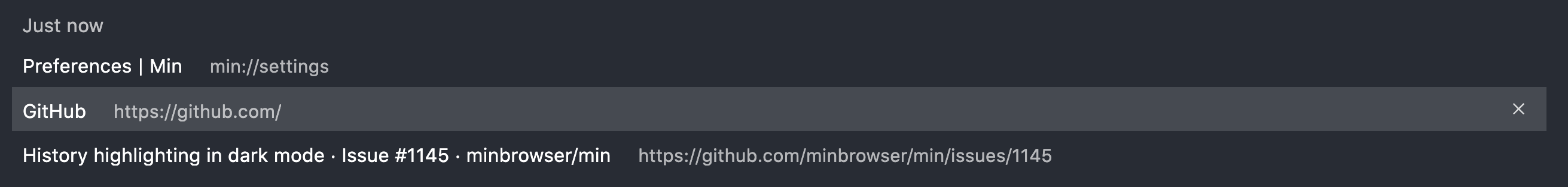 History highlighting in dark mode · Issue #1145 · minbrowser/min · GitHub