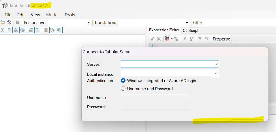 Connect/Cancel buttons not fully visible · Issue #1157 · TabularEditor/TabularEditor · GitHub