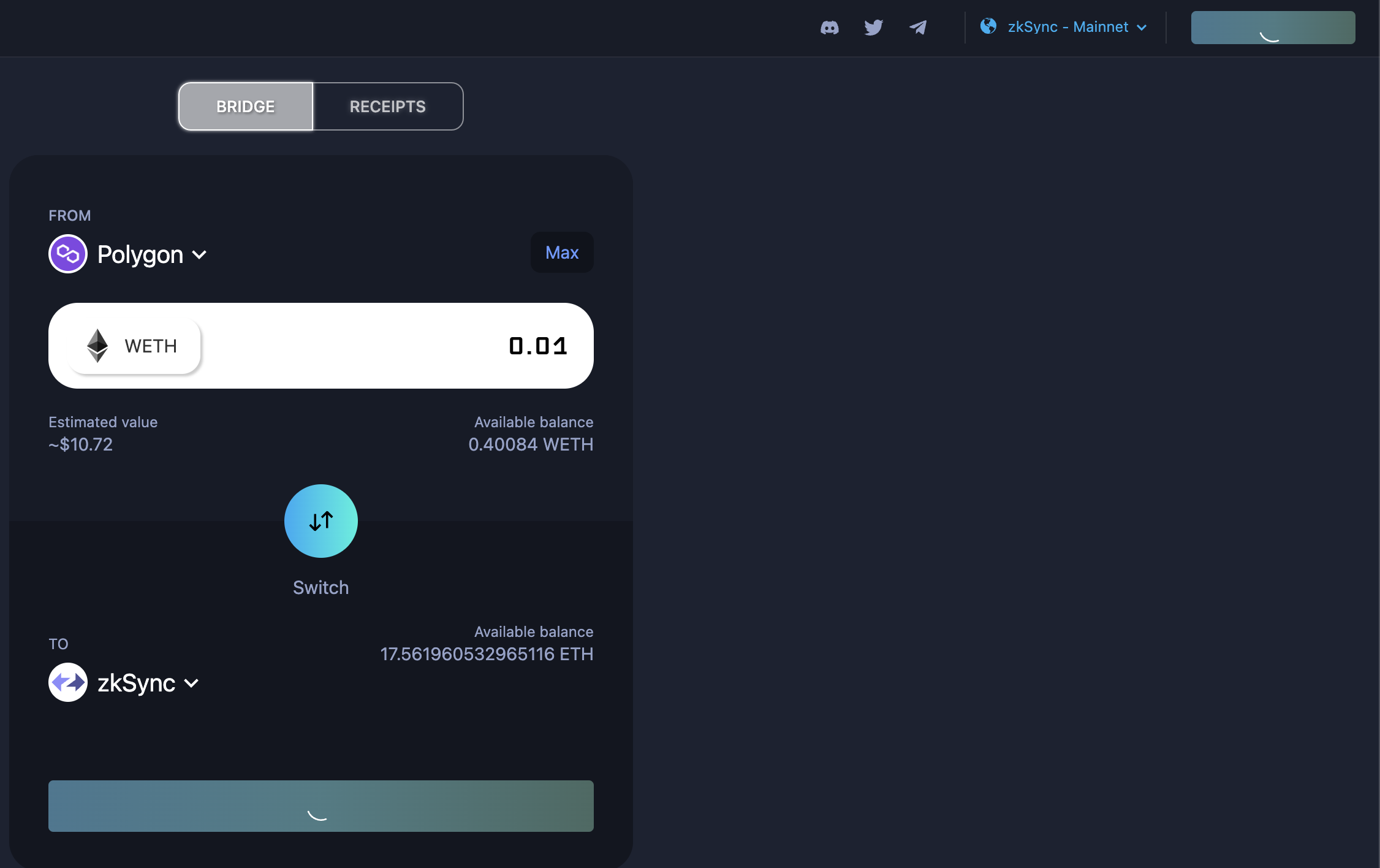 Bridge - While bridging Polygon -> zkSync it says "connect wallet ...