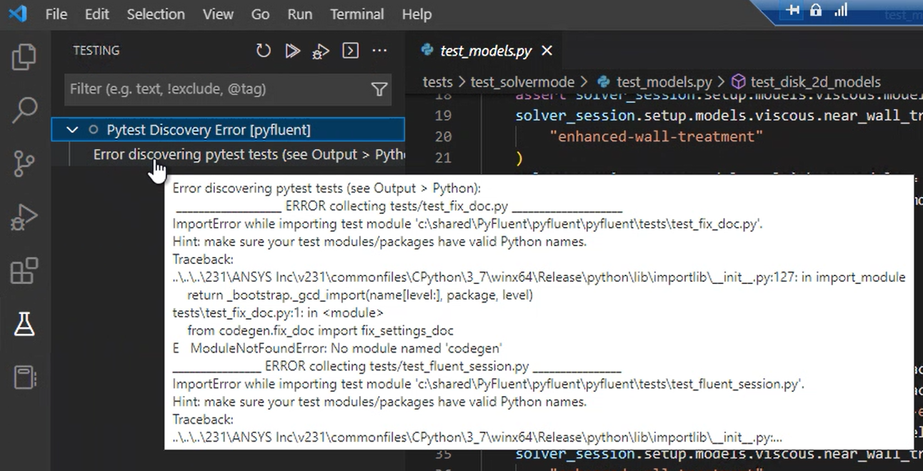 Pytest Configuration Issue With Vs Code · Issue 1060 · Ansyspyfluent