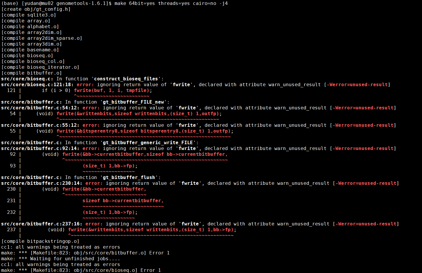 Error Ignoring Return Value Of Fwrite Declared With Attribute Warn Unused Result [ Werror