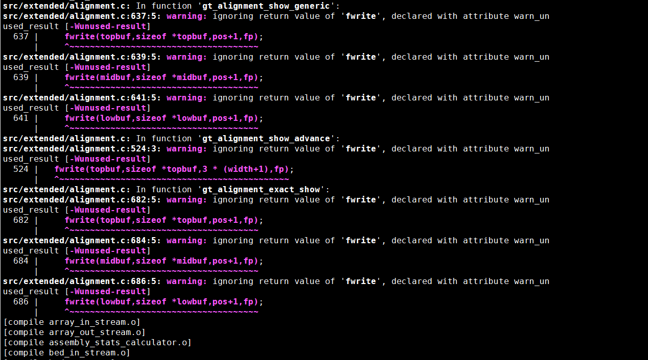 error: ignoring return value of 'fwrite', declared with attribute warn_unused_result [-Werror ...