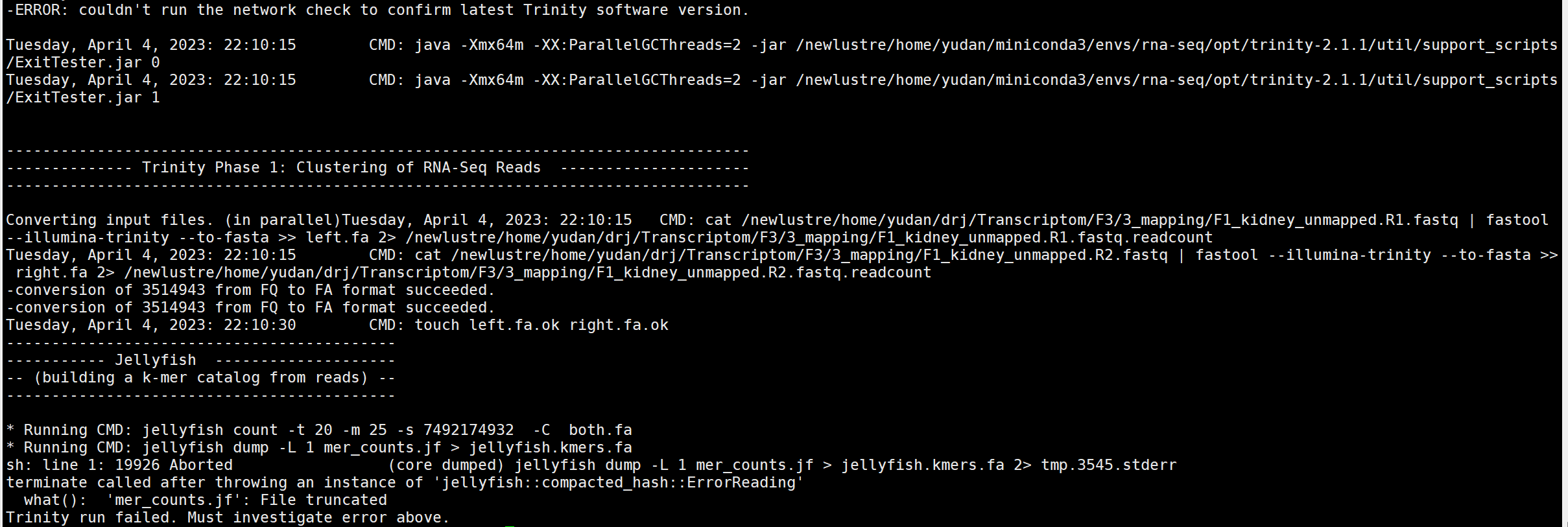 (core dumped) jellyfish dump -L 1 mer_counts.jf > jellyfish.kmers.fa 2 ...