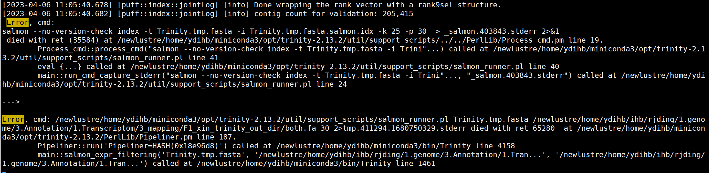 (core dumped) jellyfish dump -L 1 mer_counts.jf > jellyfish.kmers.fa 2> tmp.3545.stderr ...