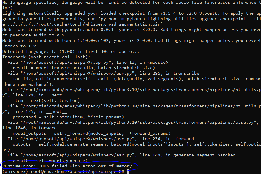 RuntimeError: CUDA failed with error out of memory · Issue #504 · m-bain/whisperX · GitHub