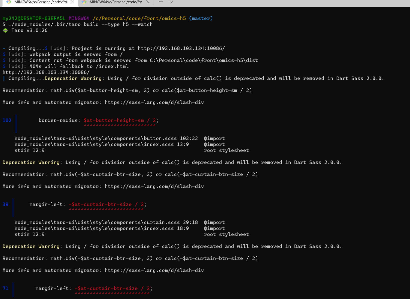Using / for division outside of calc() is deprecated and will be removed in Dart Sass 2.0.0 ...